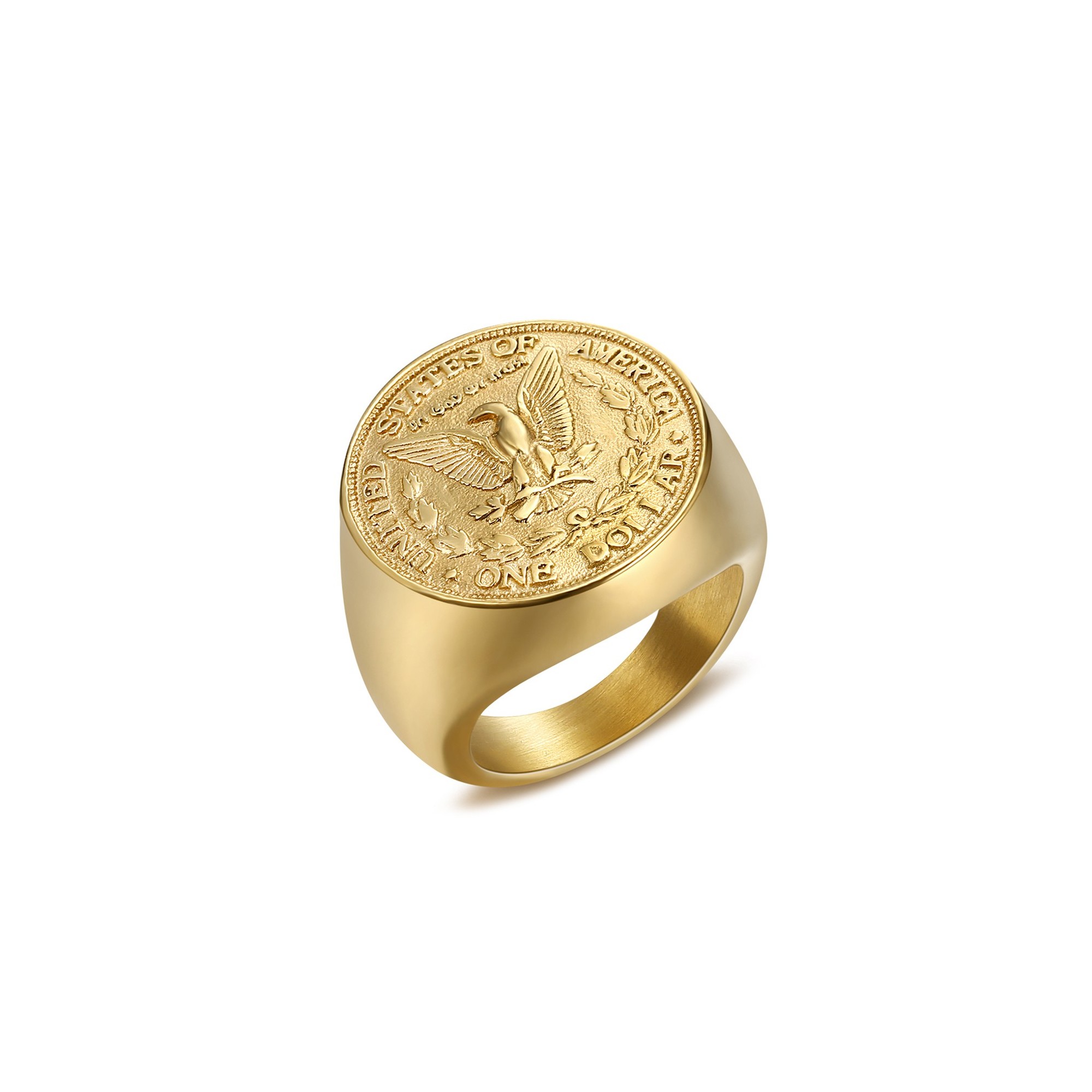 BOBIJOO Jewelry - Bague Chevalière Homme Pièce One Dollar Acier Or - 26 ...
