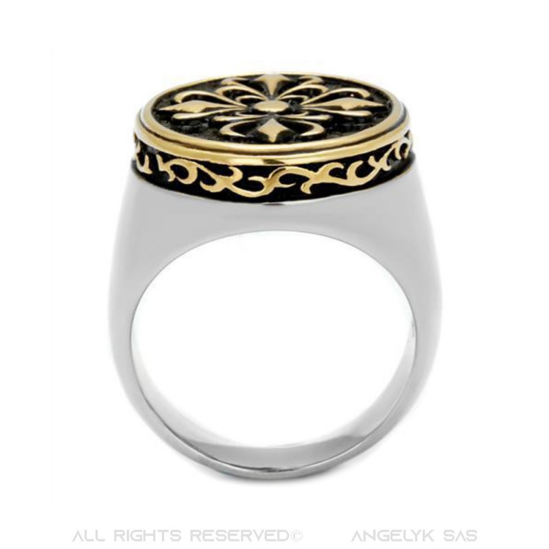 BOBIJOO Jewelry - Bague Chevalière Fleur de Lys Templier Acier Or - 28,90