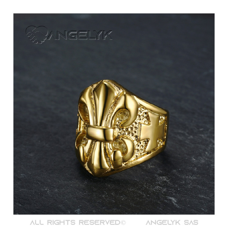 Bague Chevalière Fleur de Lys Templier I Acier et Or