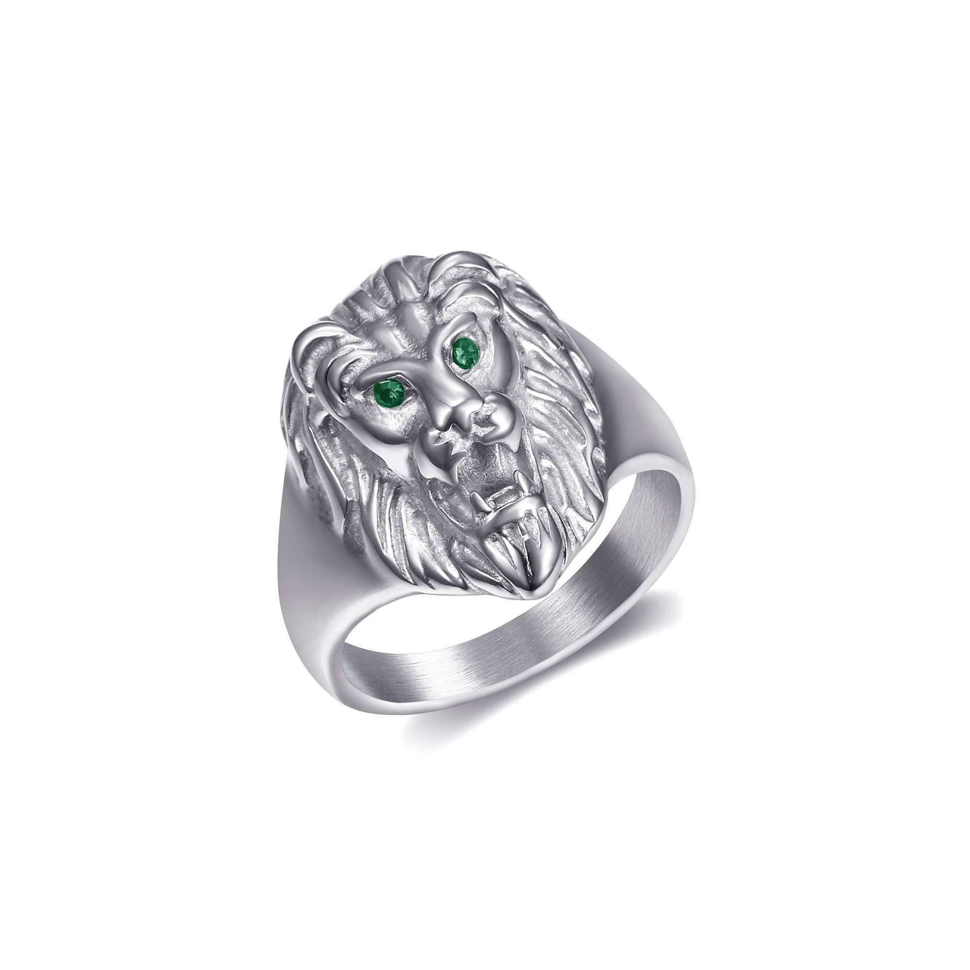 Anillo de cabeza de león | Modelo pequeño, acero plateado, ojos verdes.
