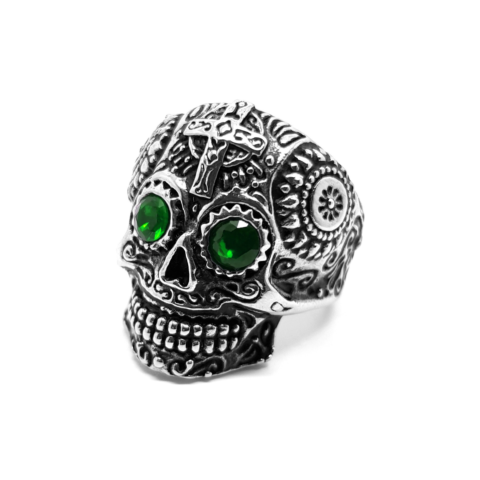 Mexican Skull Ring Stainless Steel Silver Green Eyes