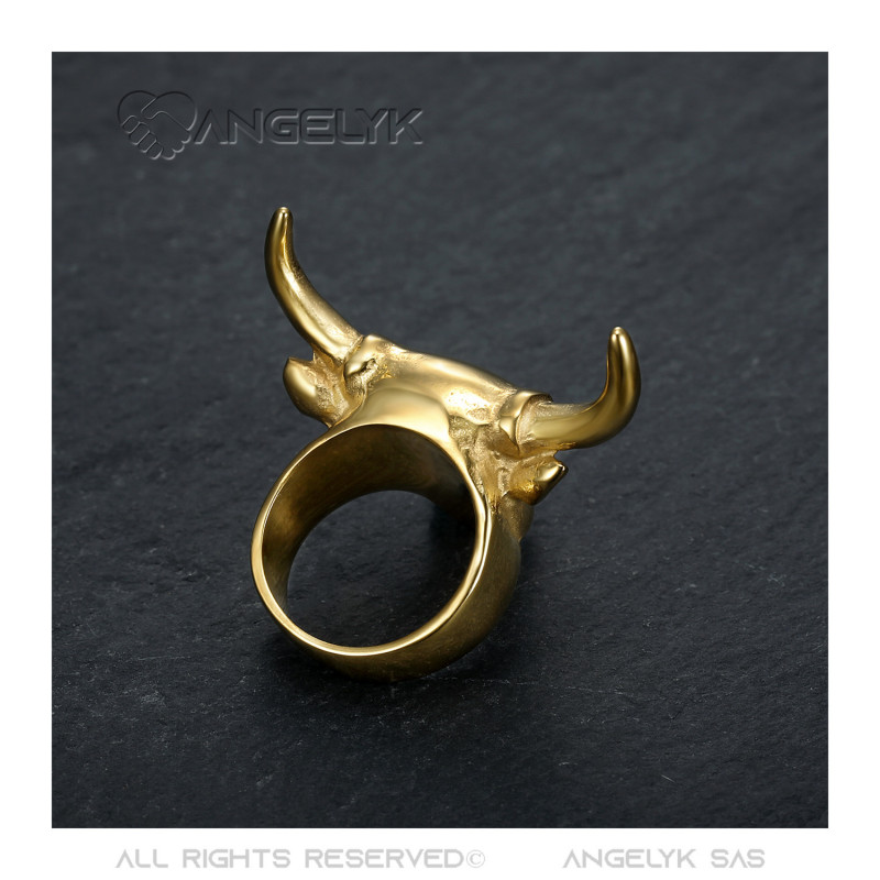 Bull ring | Men's steel & gold bull's head signet ring
