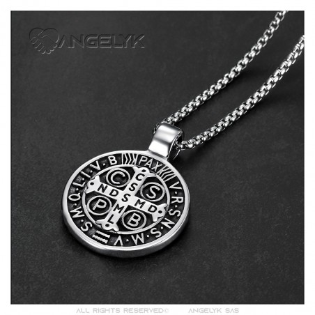 Médaille Saint Benoît en pendentif homme Acier inoxydable