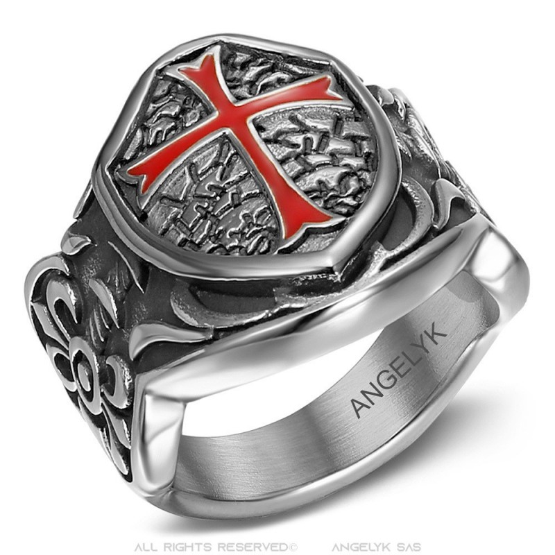 Templar ring Medieval style Coat of arms Red cross Steel Silver