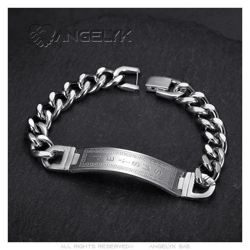 Curb Jesus Cross bracelet for men Stainless steel Silver