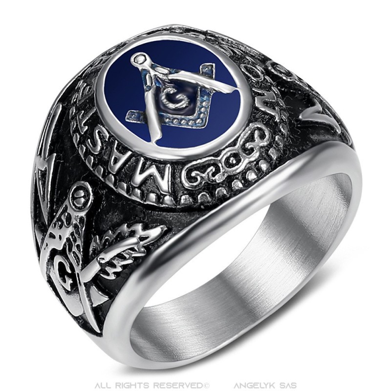 Signet Ring Freemason Stainless Steel Black Blue