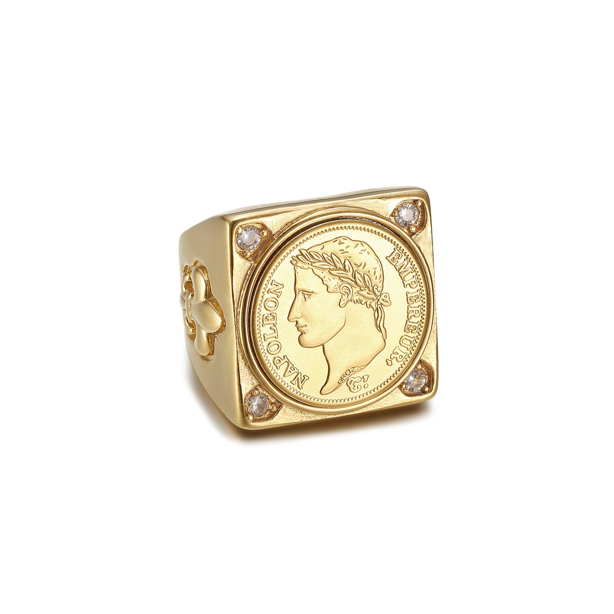Square Napoleon ring Stainless steel Gold 4 Diamonds